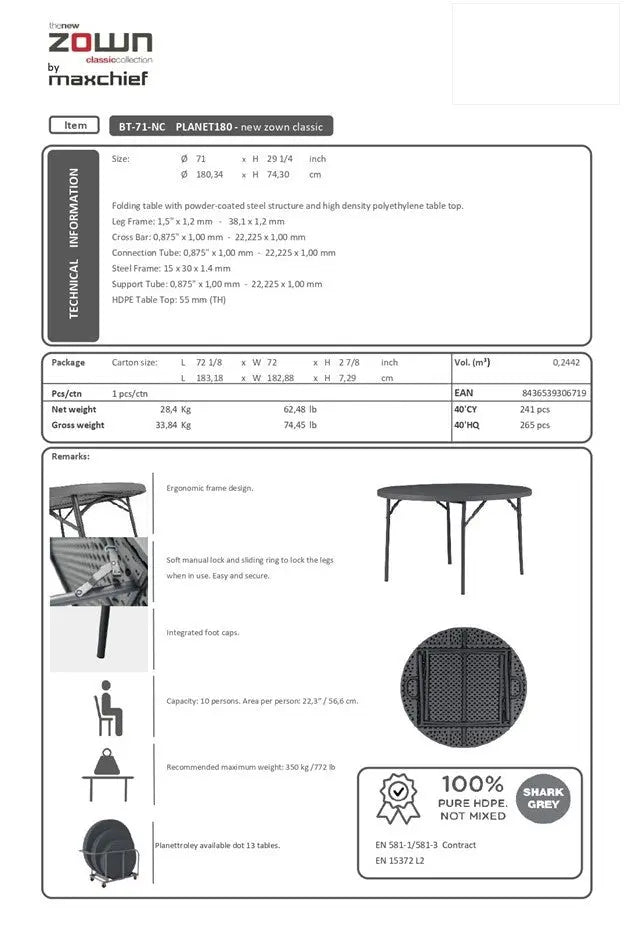 Zown Classic Foldable Round Table 180.3 cm